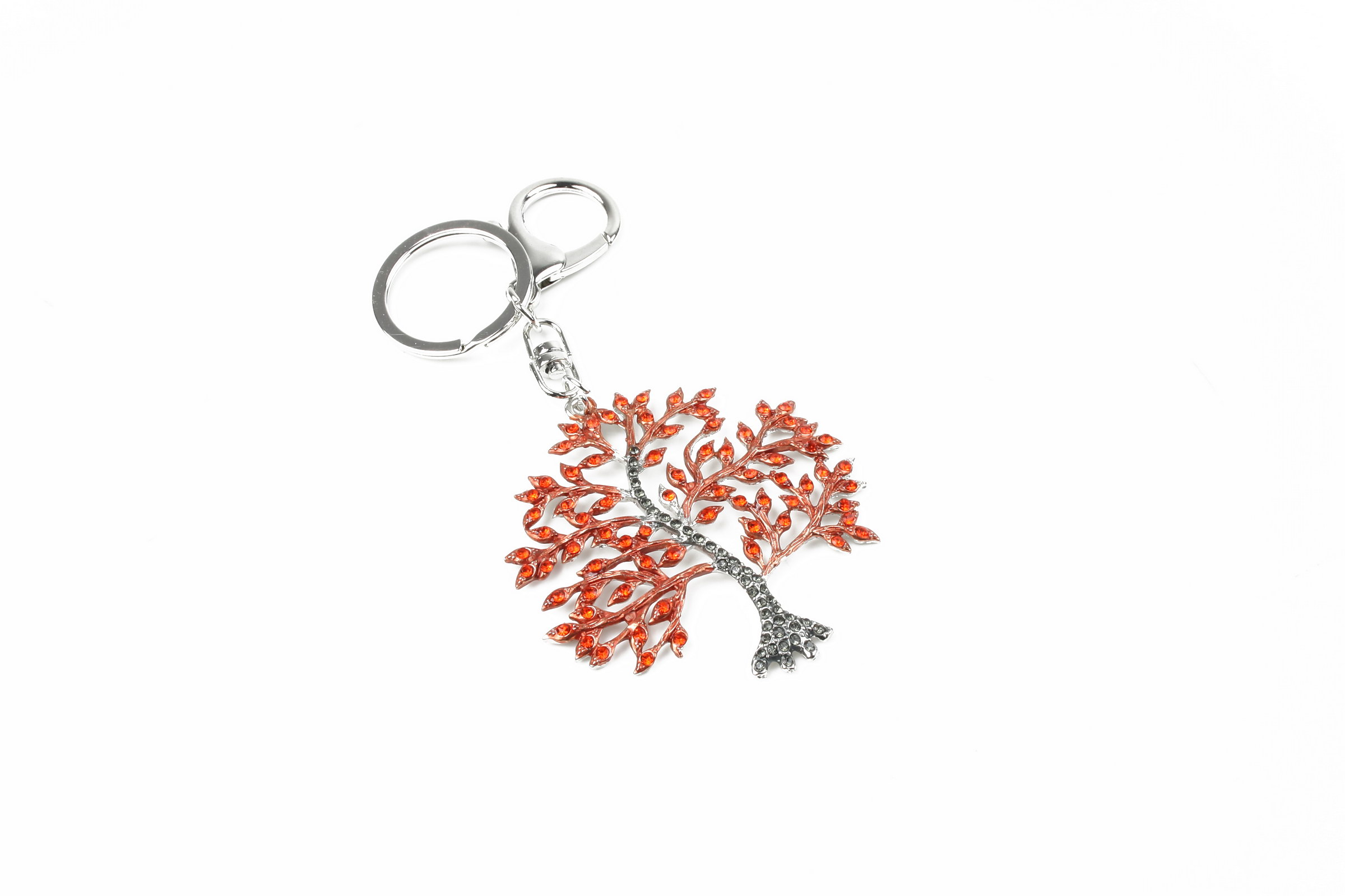 Breloc metalic copac cu strasuri rosii